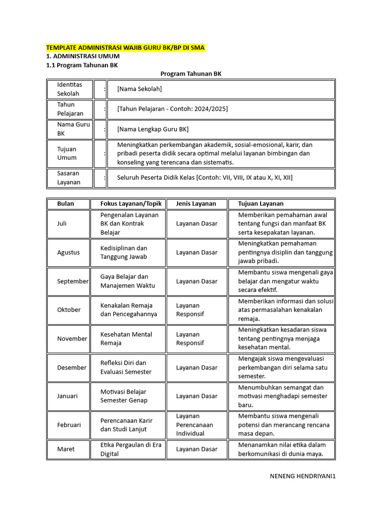 Template Administrasi BK SMA 2024 | PDF