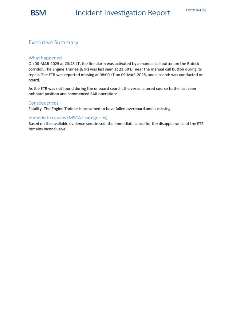 Engine Trainee Missing at Sea | PDF