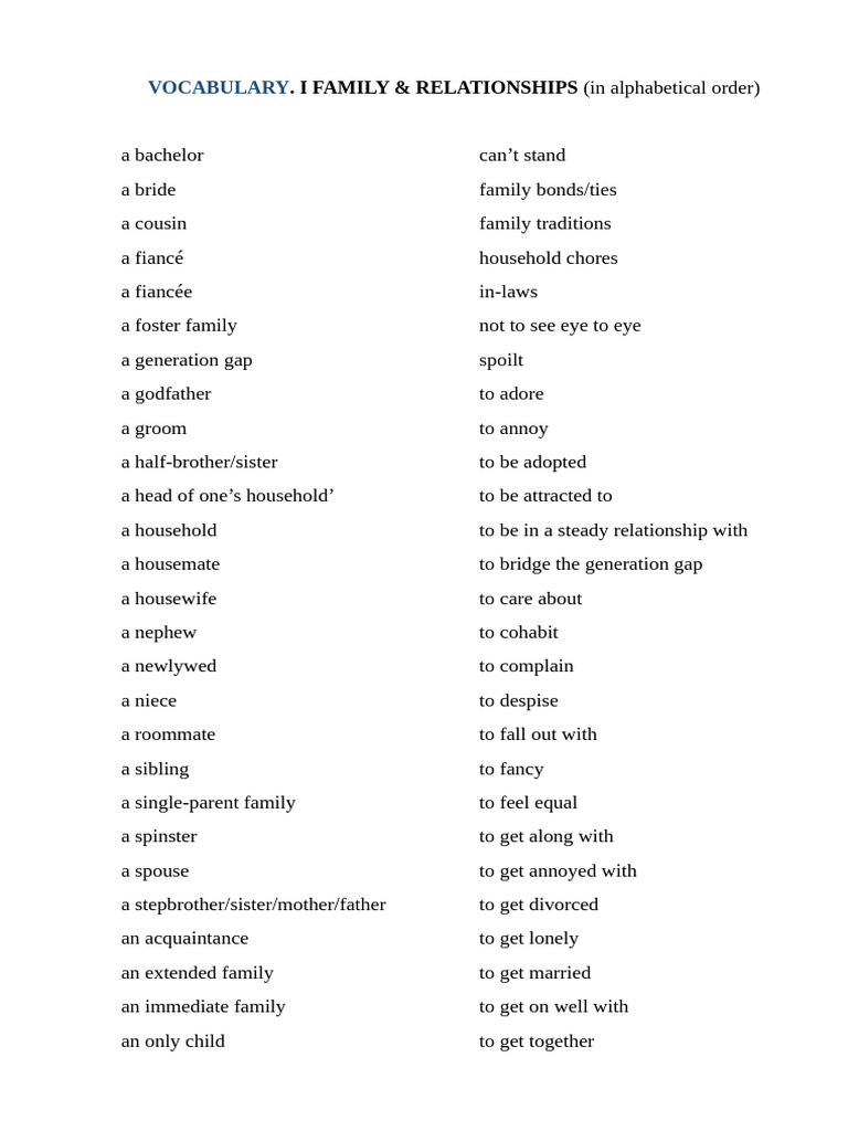 Family & Relationships Vocabulary Guide | PDF | Family | Social ...