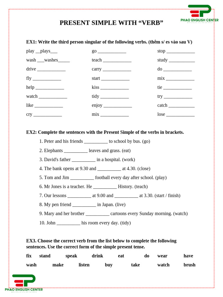 Present Simple Verb Exercises | PDF | Linguistics