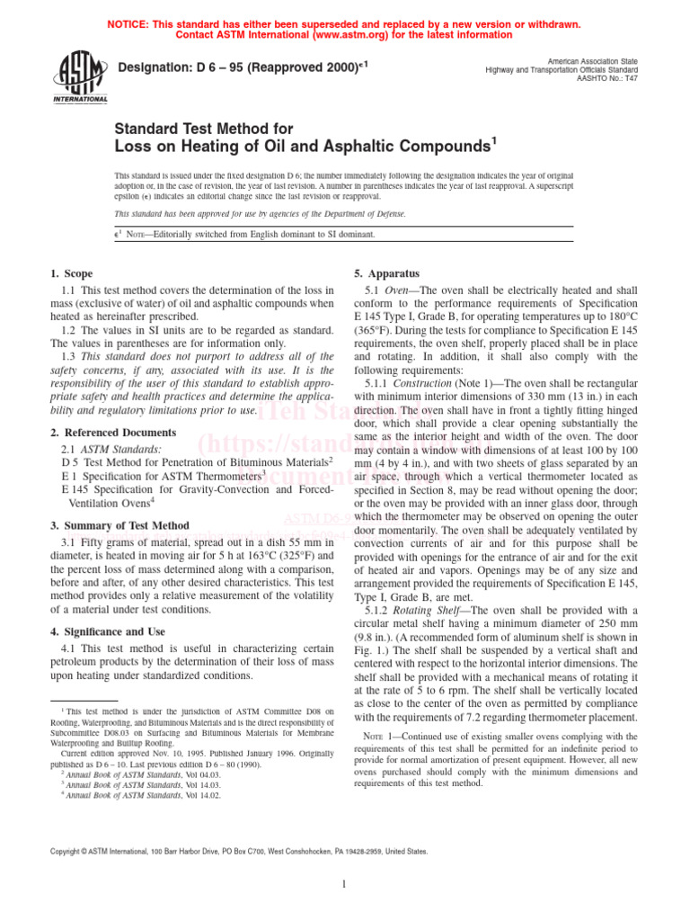 ASTM D6: Oil and Asphalt Loss Test | PDF | Door | Specification ...