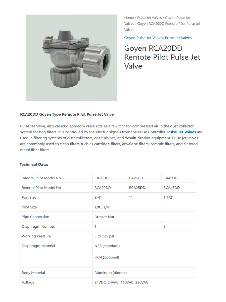 Goyen RCA20DD Remote Pilot Pulse Jet Valve | PDF