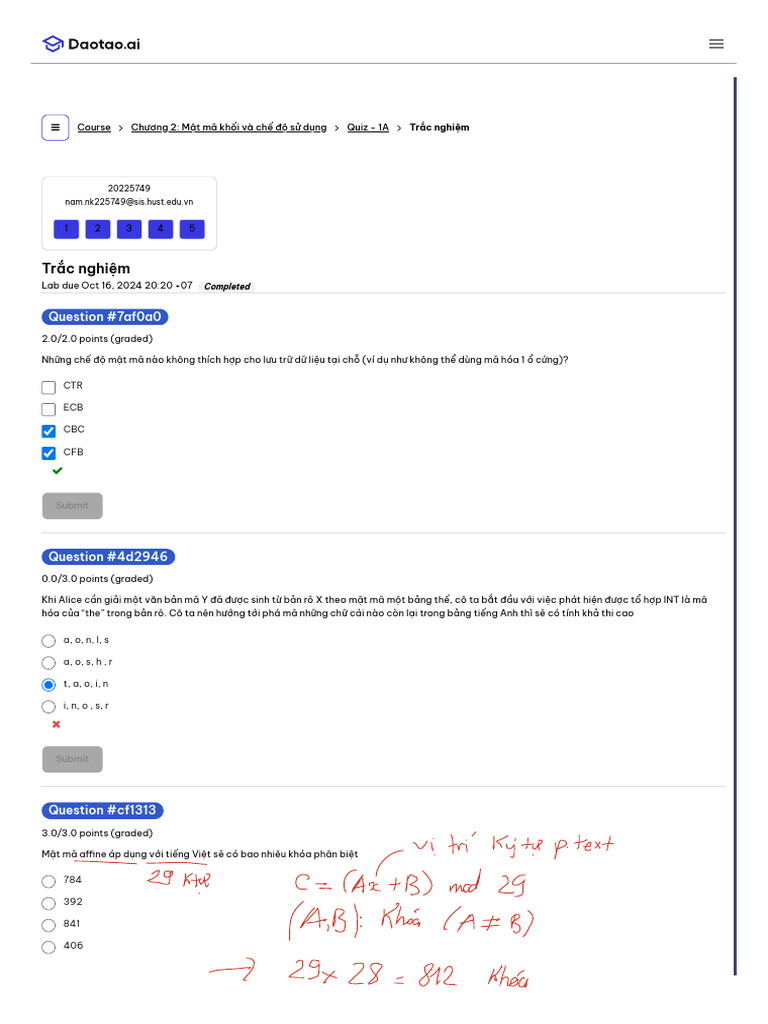 Trắc Nghiệm - Quiz - 1A - IT4015 Courseware - MOOC Daotao.ai | PDF