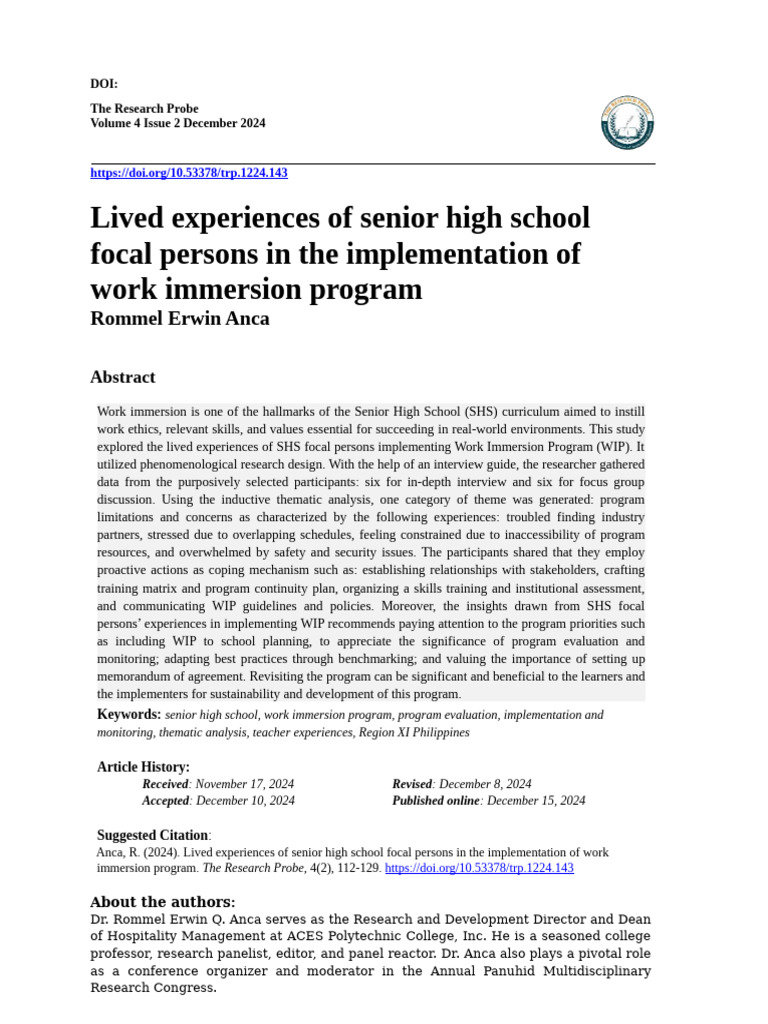 Lived Experiences of Senior High School 347186c6 1 | PDF | Vocational ...