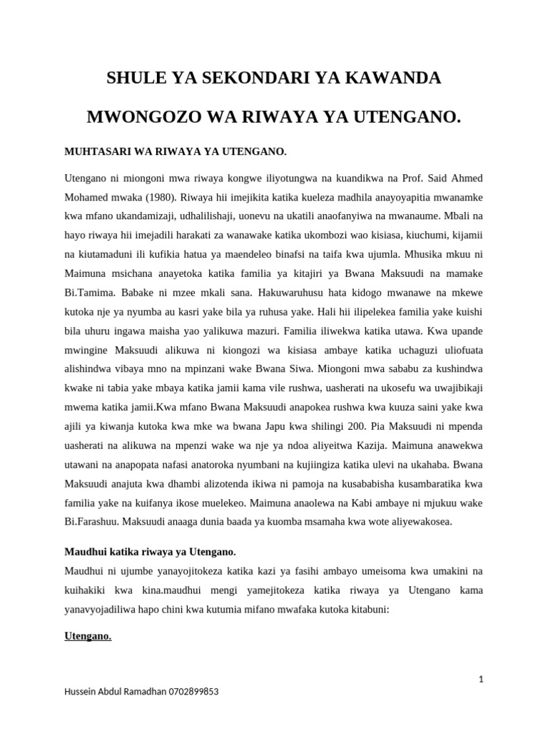 Riwaya Ya Utengano-1 | PDF