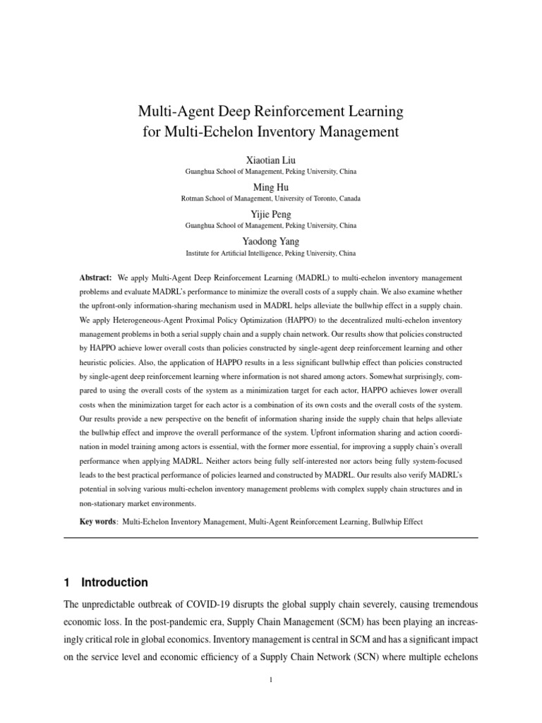Multi-Agent Deep Reinforcement Learning For Multi-Echelon Inventory ...