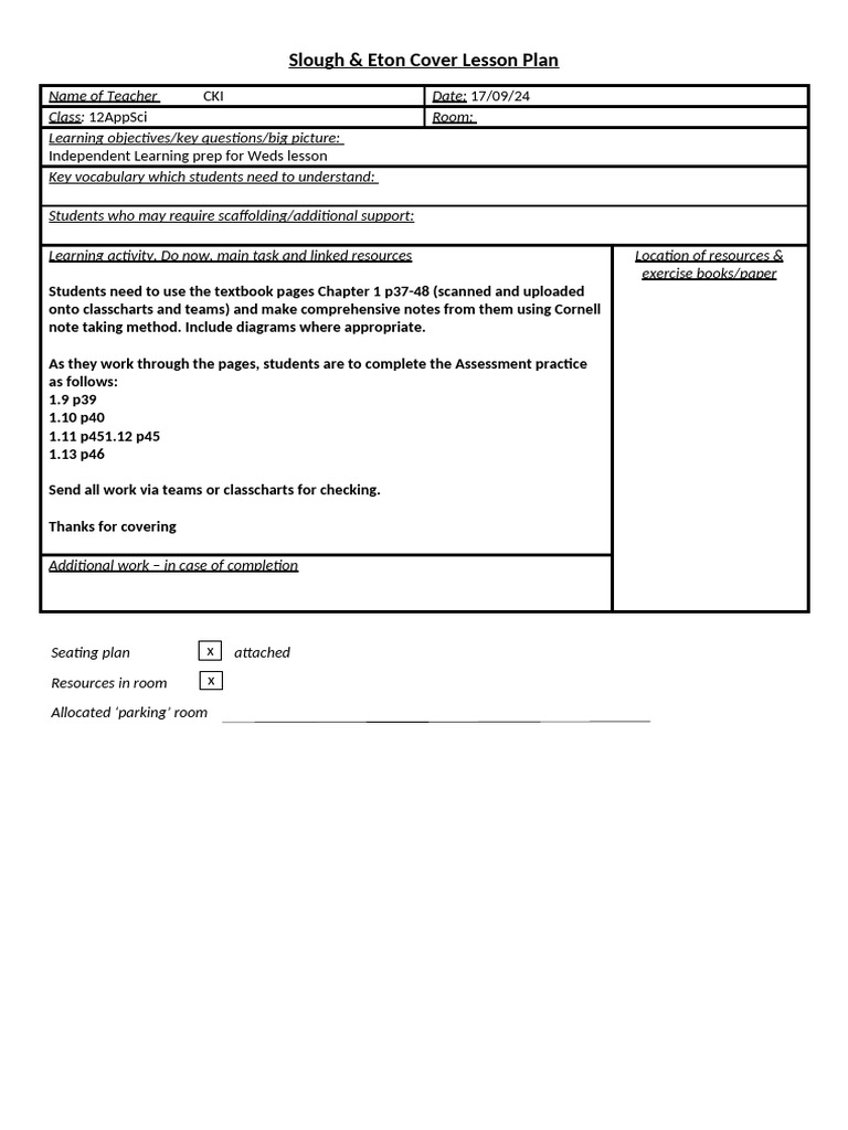 Cover Lesson Plan CKI 12APPSCI 170924 | PDF