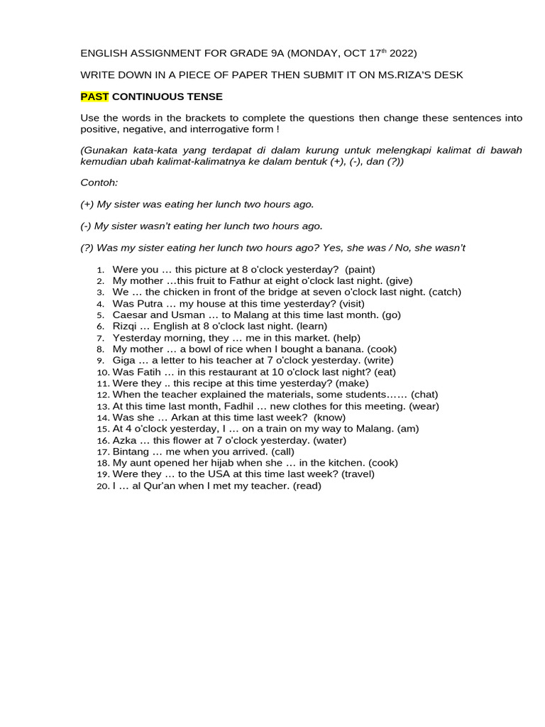Pastcontinuoustenseenglish Assignment For Grade 9a | PDF