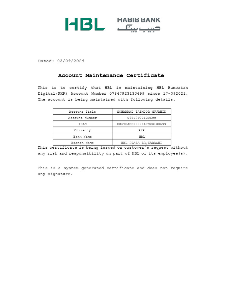 Account Maintenance Certificate: Dated: 03/09/2024 | PDF