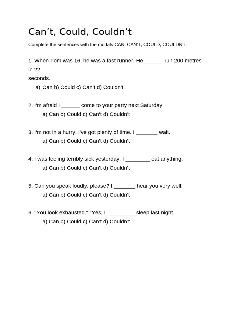 Modal Verbs: Can, Can't, Could, Couldn't | PDF