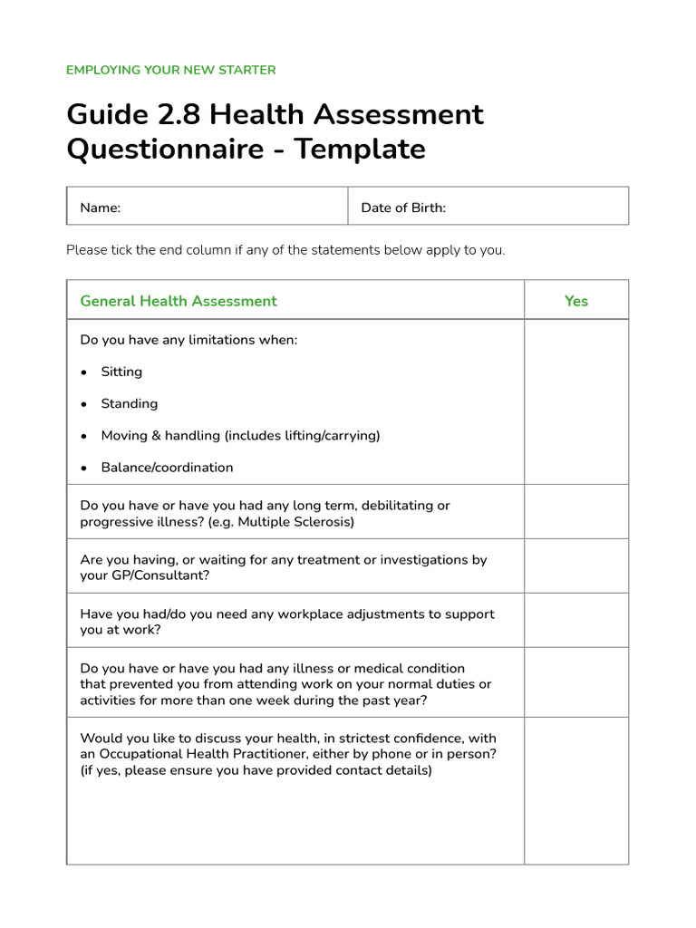 2.8 Health Questionnaire Template PDF | PDF | Occupational Safety And ...