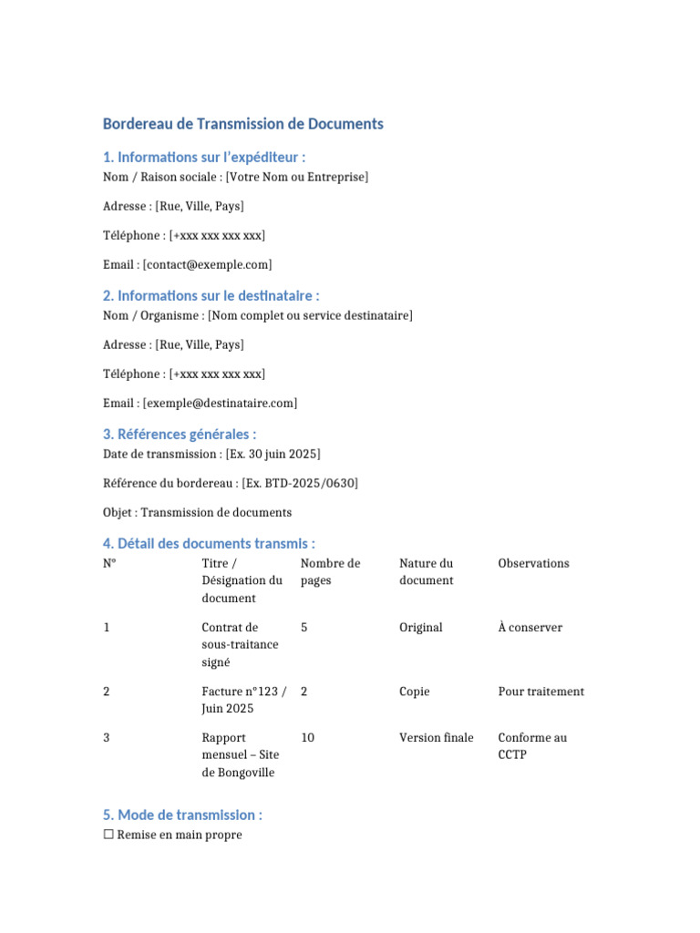 Bordereau Transmission Documents | PDF