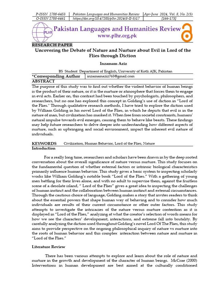 Uncovering The Debate of Nature and Nurture About Evil in Lord of The Flies Through Diction ...