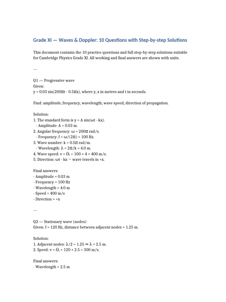 Waves Doppler Practice Solutions | PDF | Waves | Wavelength