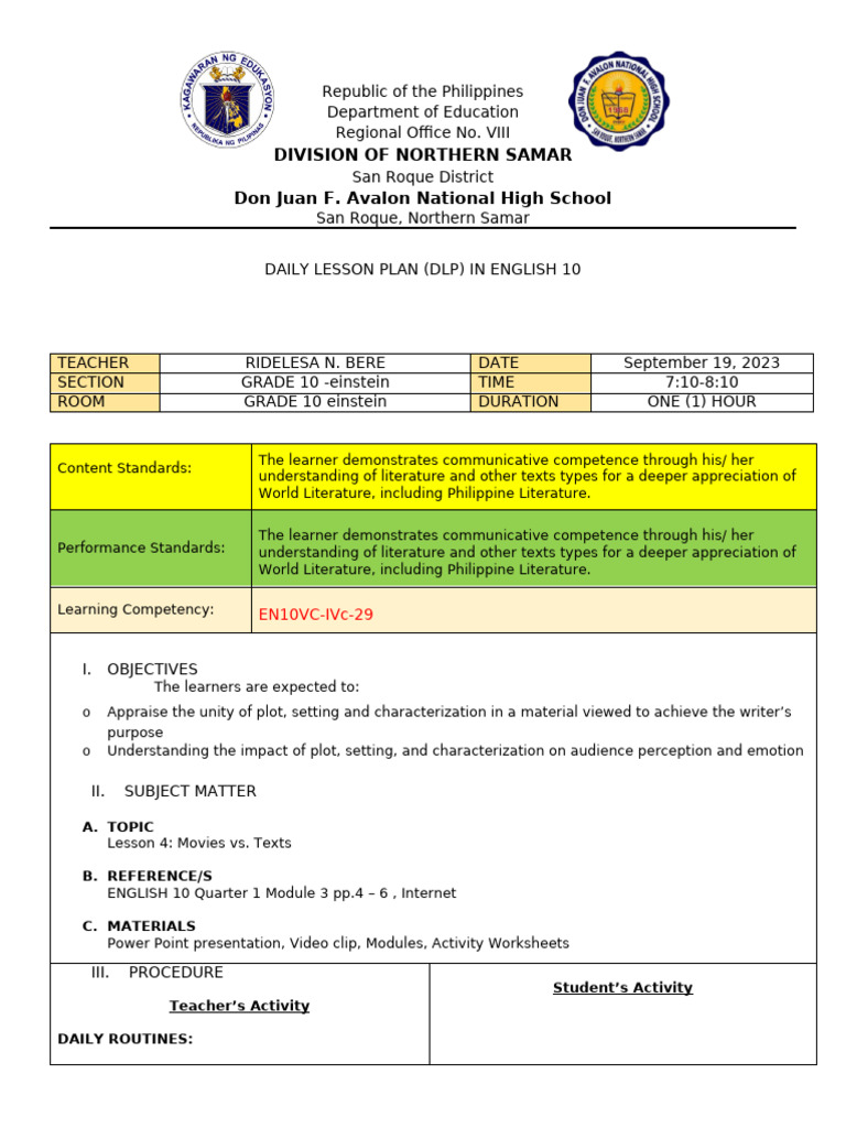 Daily Lesson Plan: English 10 Literature | PDF | Lesson Plan | Plot ...