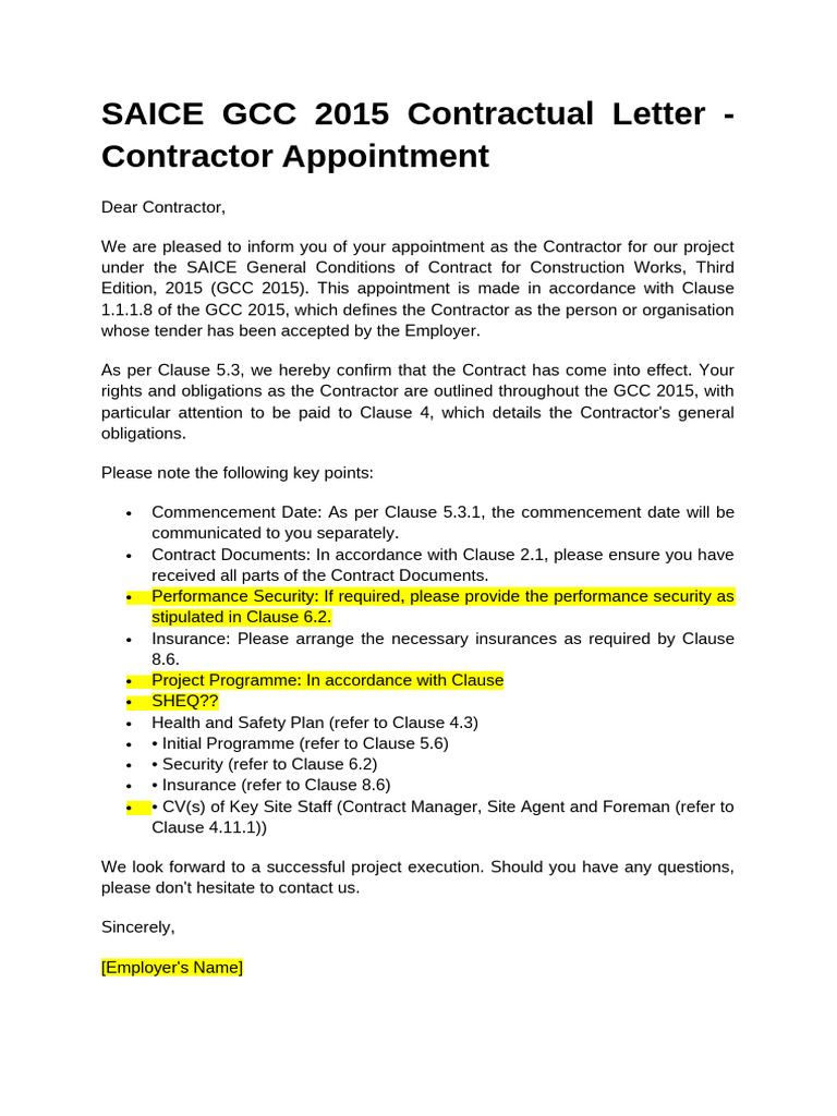 SAICE GCC 2015 Contractor Appointment | PDF | Employment | Private Law