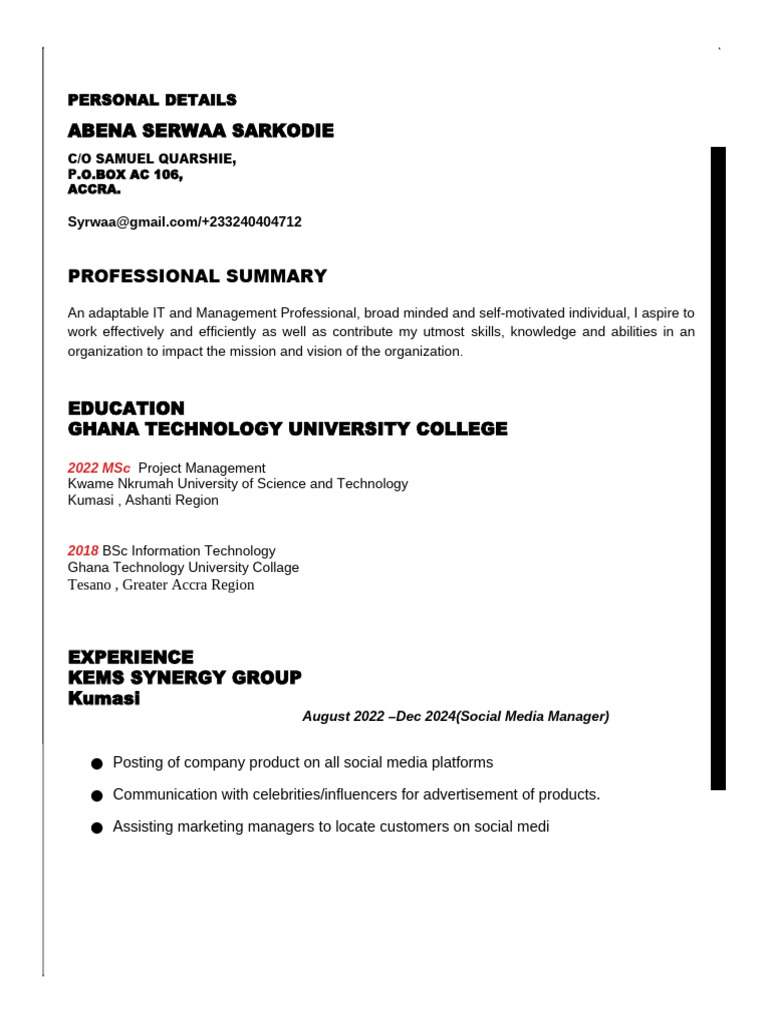 Abena Serwaa Sarkodie's CV Summary | PDF