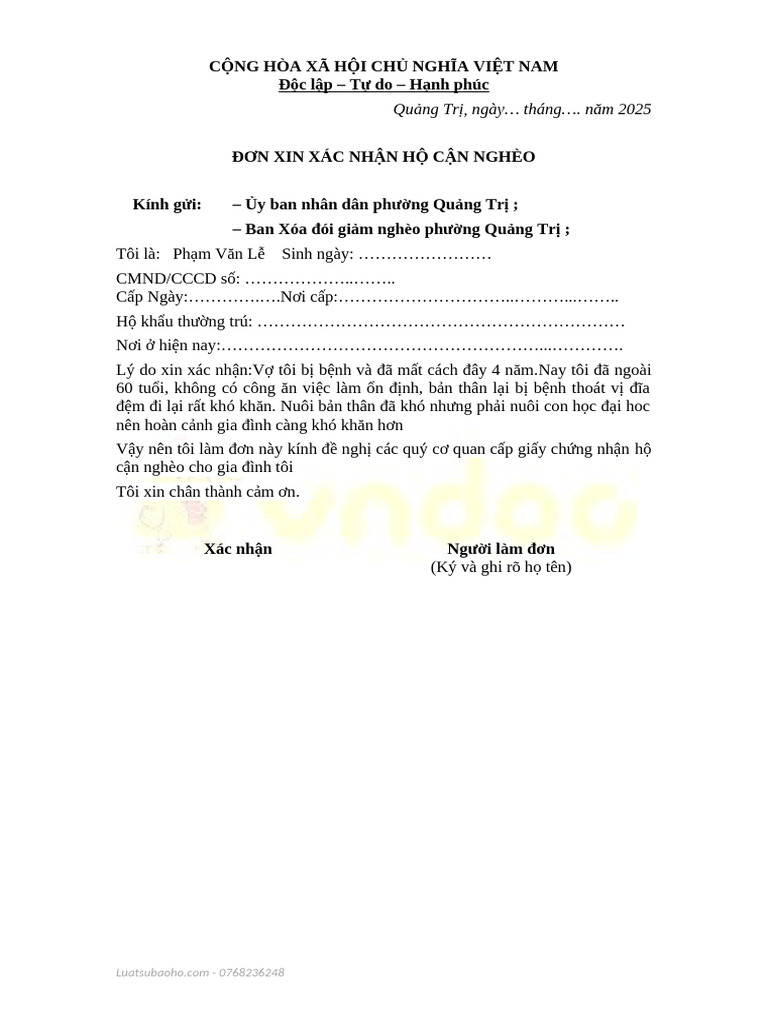 Mau Don Xin Xac Nhan Ho Can Ngheo | PDF