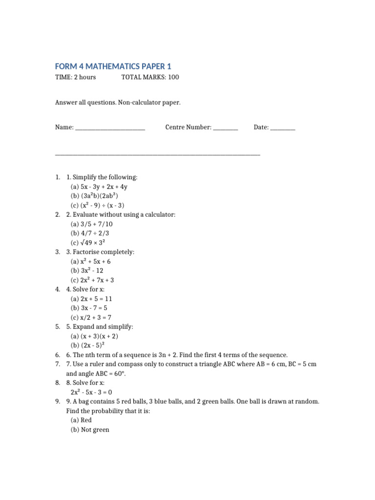 Form 4 Mathematics Paper 1 Guide | PDF