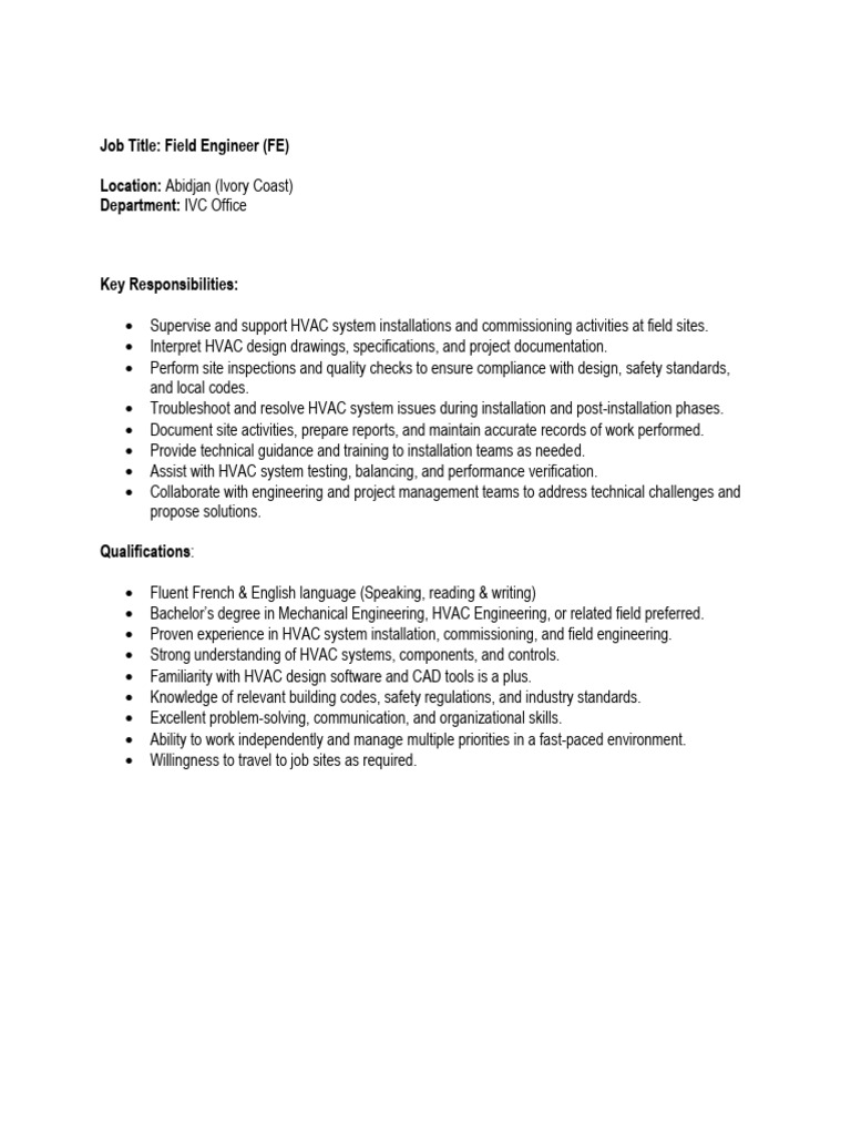 JD - Field Engineer - IVC | PDF