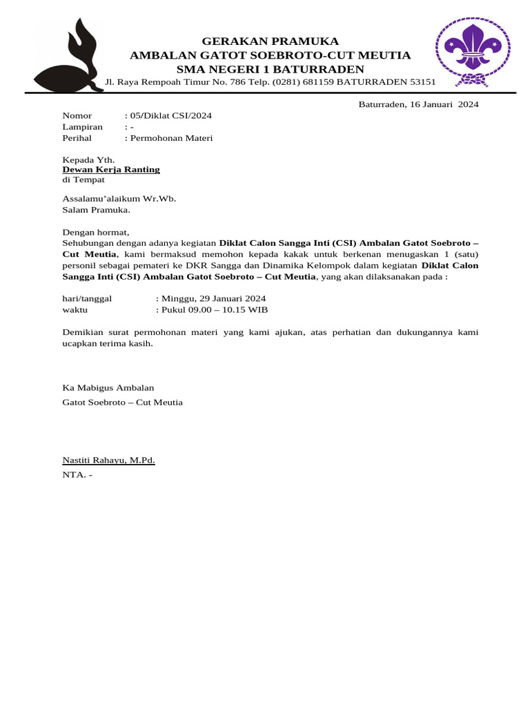 Permohonan Materi Diklat Pramuka 2024 | PDF
