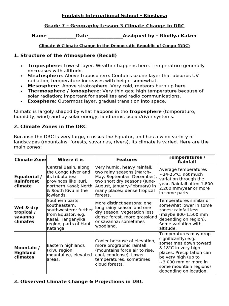 Geography Grade 7 Lesson 3 - Climate Change in DRC | PDF | Climate ...