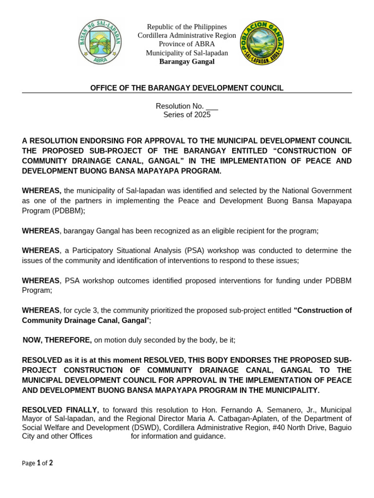 Gangal Endorsing To The MDC The New or Updated Proposal Package For The SP Implementation | PDF ...