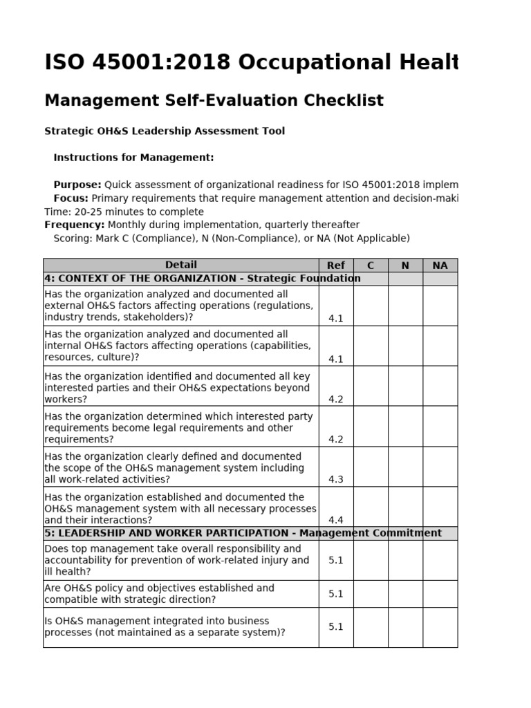 ISO 45001 Pre-Audit - Self-Evaluation Checklists | PDF | Risk | Policy