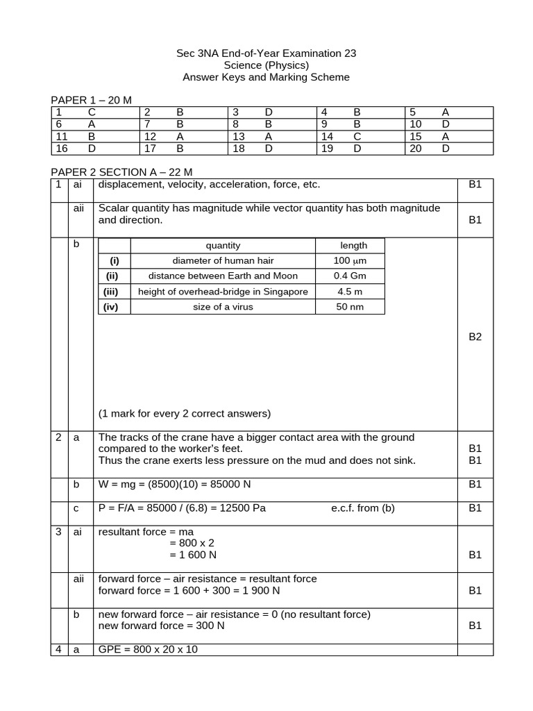 Sec 3NA Physics Exam Answer Key | PDF | Force | Convection