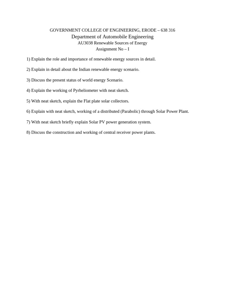 Renewable Sources of Energy, Assignment No - I | PDF