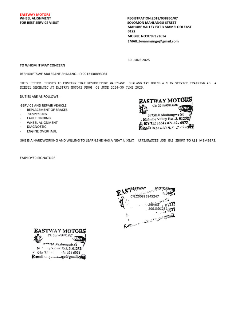 Eastway Motors Training Confirmation Letter | PDF