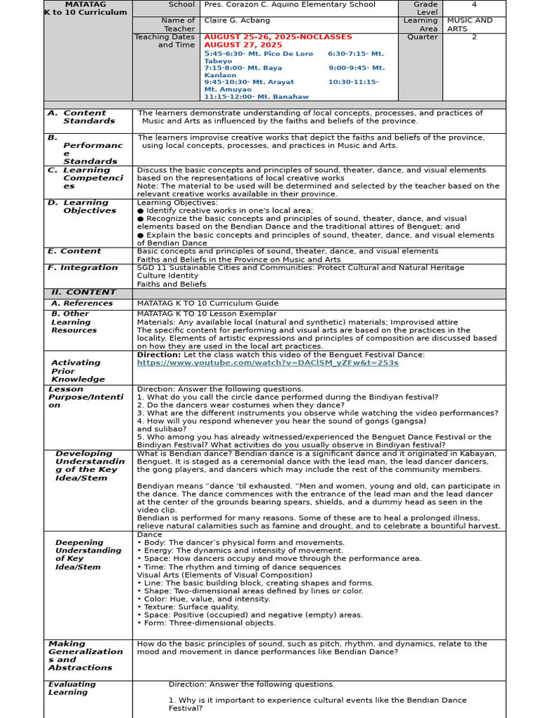 Dlp-Music and Arts w1 d1 q2 | PDF | Dances | Composition (Visual Arts)