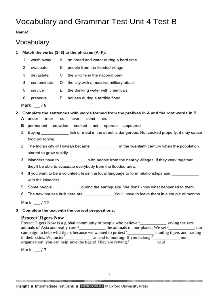 Vocabulary + Grammar Unit 4 Test B | PDF | Linguistics | Grammar