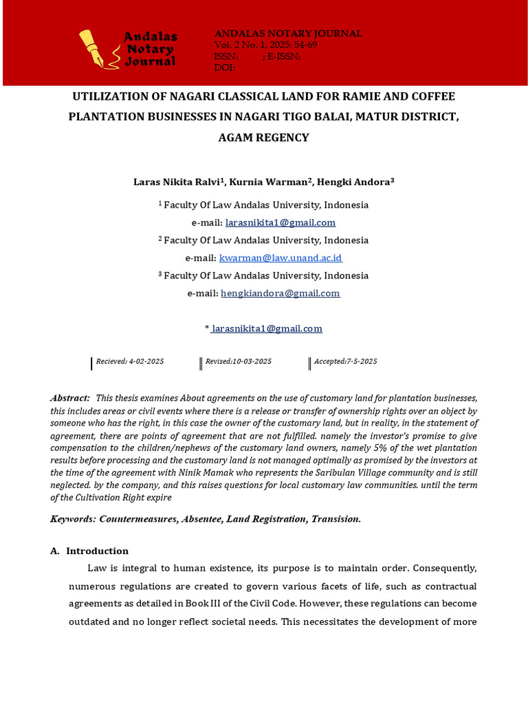 UTILIZATION OF NAGARI CLASSICAL LAND FOR RAMIE AND COFFEE PLANTATION ...