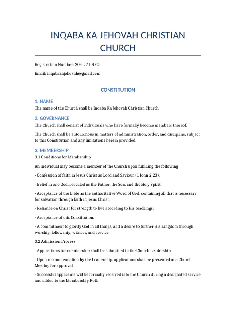 Inqaba Ka Jehovah Church Constitution | PDF | Baptism | Jesus