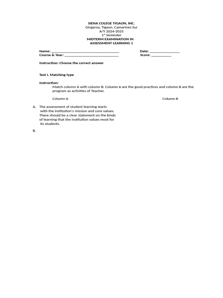 Assessment Learning 1 | PDF