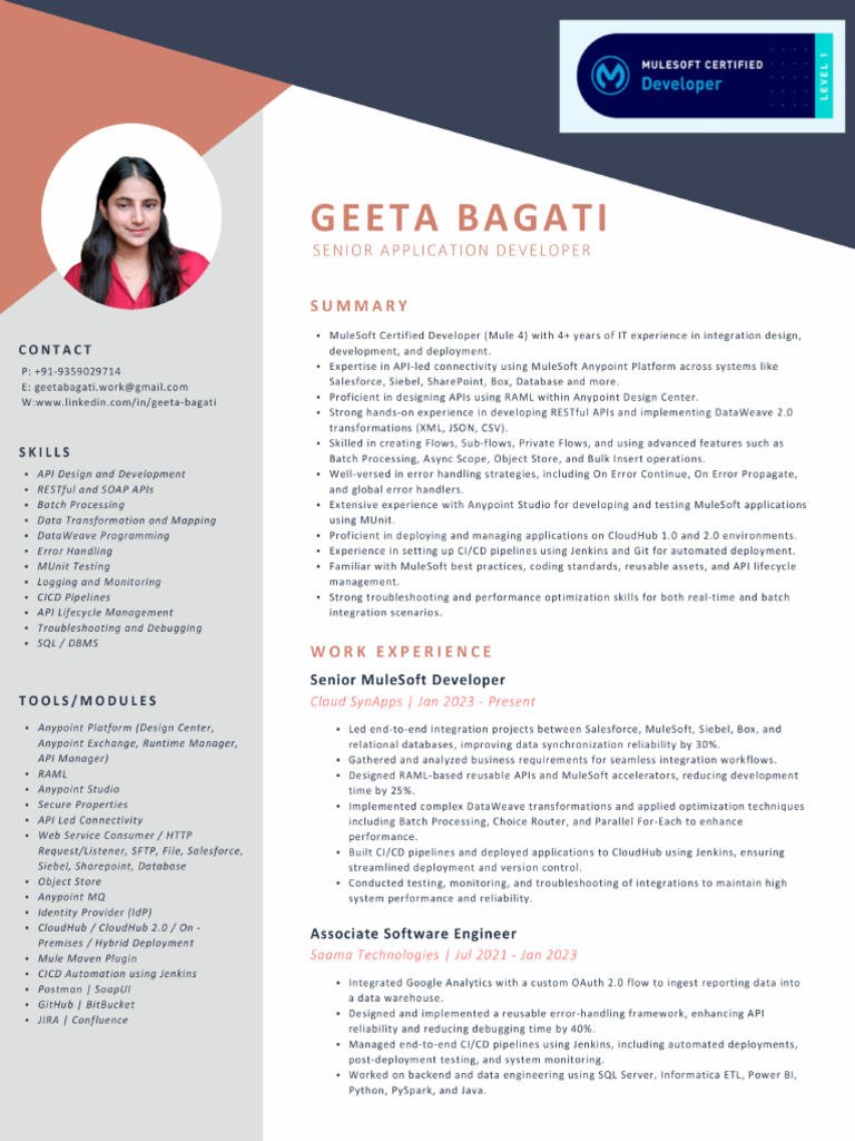 Geeta Bagati Resume - MuleSoft Developer | PDF