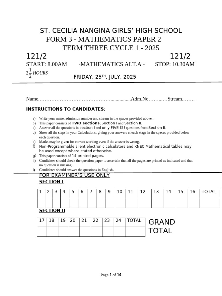 Form Three Mathematics PP2 Cycle 1 Term 3 025 | PDF | Logarithm | Circle