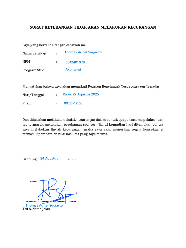 Surat Tidak Curang ONSITE - 2025 | PDF