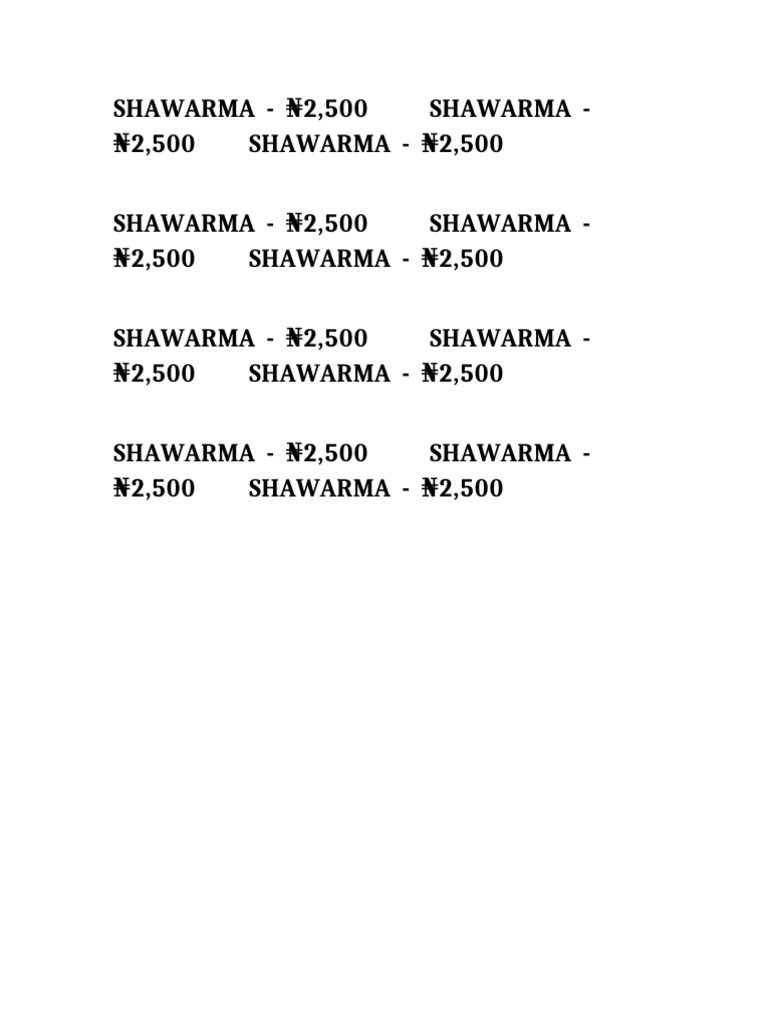 Shawarma Price List Tickets | PDF