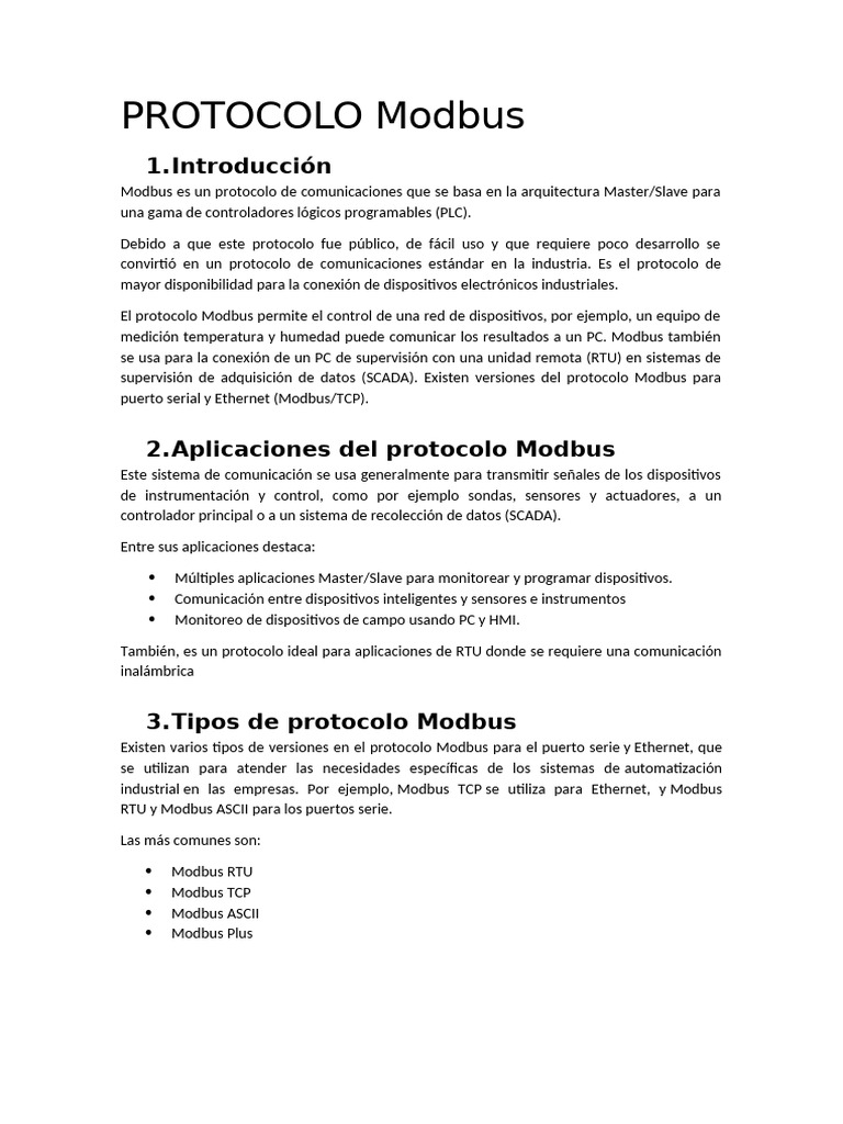 Protocolo Modbus: Tipos y Aplicaciones | PDF | Red de computadoras | Scada