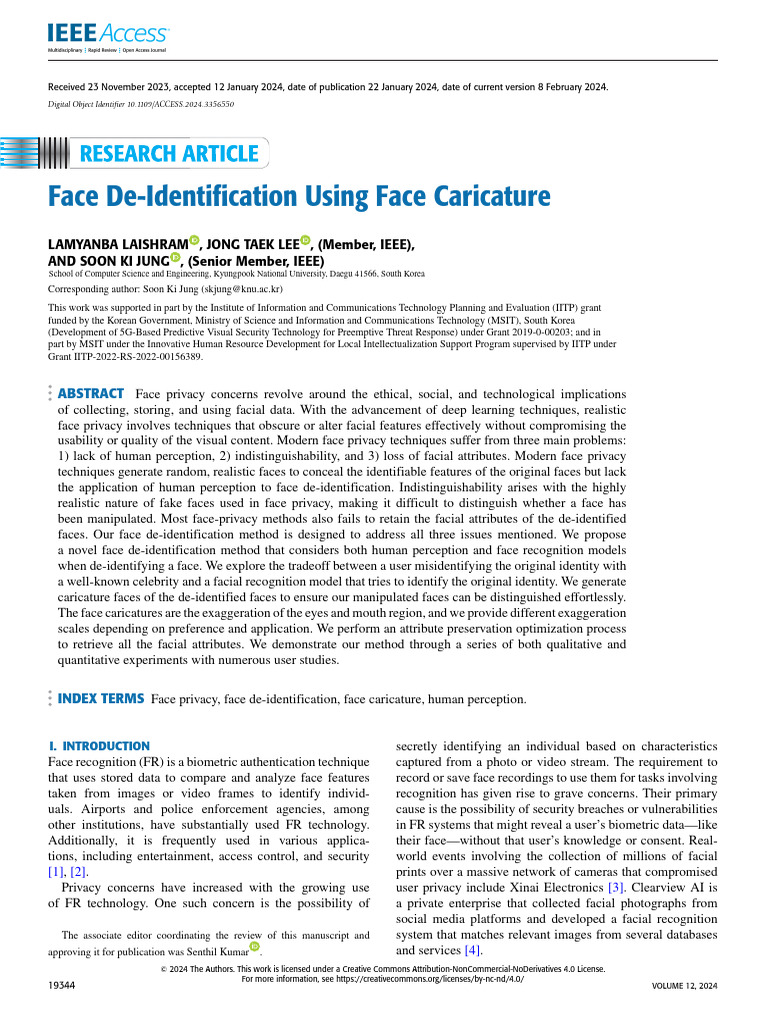 2 Face De-Identification Using Face Caricature | PDF | Caricature | Biometrics