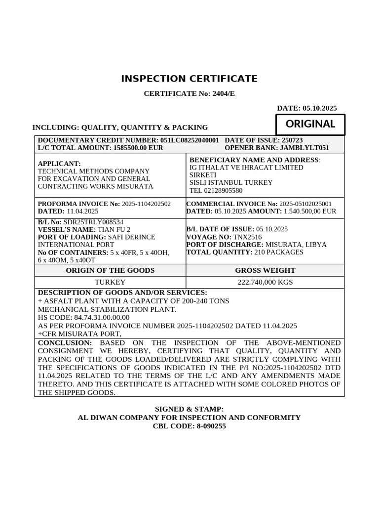 Inspection Certificate for Asphalt Plant | PDF
