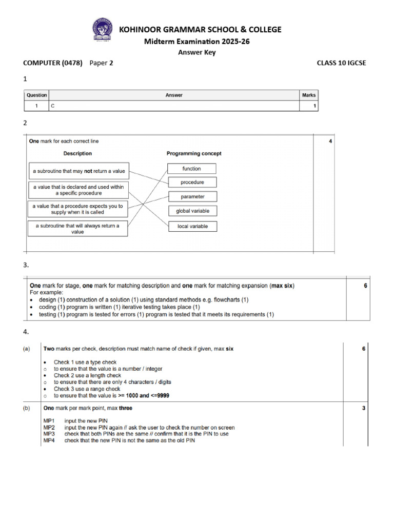 Answer Key 10 IG Computer P2 Midterm 2025-26 | PDF