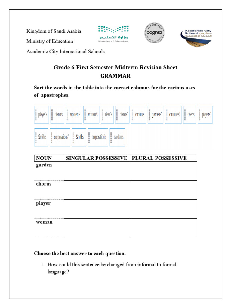 Grade 6 First Semester Midterm Revision Sheet | PDF