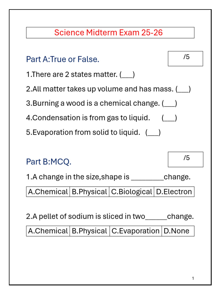 Science Midterm Exam Questions | PDF