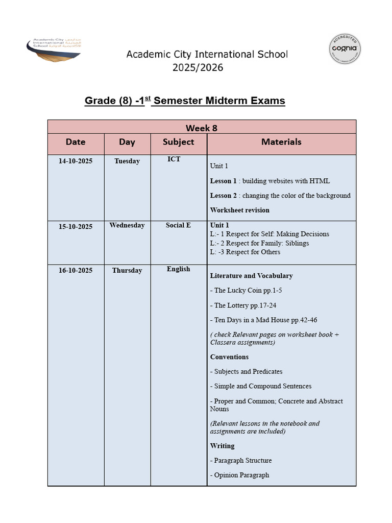 Grade 8 - 1st Midterm Exam Schedule | PDF | Mathematics | Arithmetic