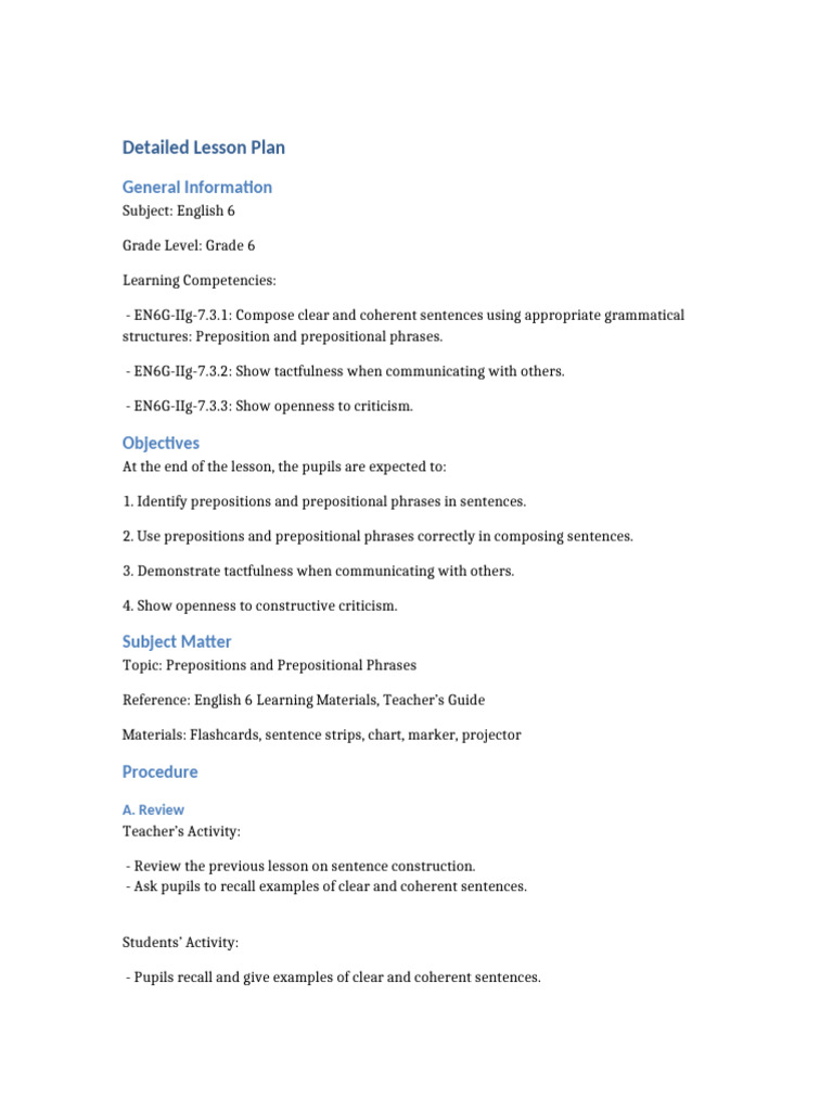 Grade 6 English Lesson on Prepositions | PDF | Teachers | Lesson Plan