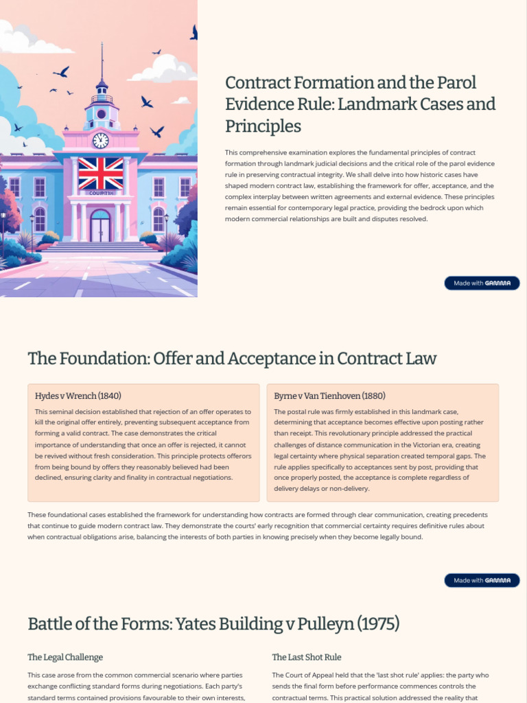 Contract Formation and The Parol Evidence Rule Landmark Cases and ...