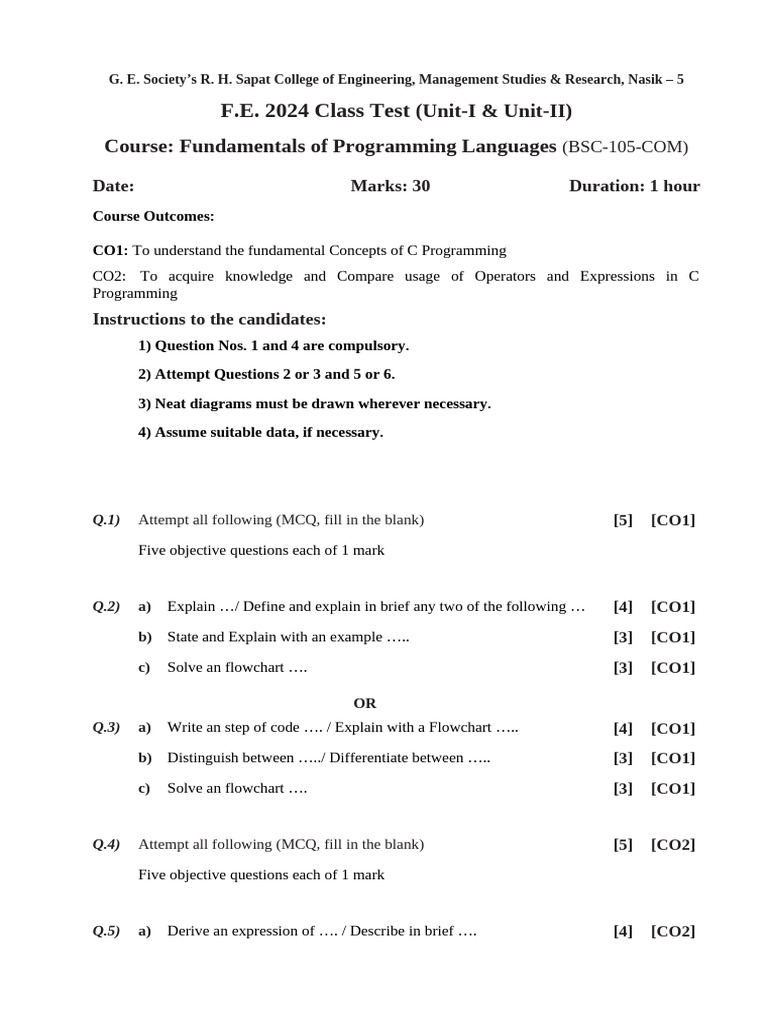 F.E. 2024 C Programming Class Test | PDF